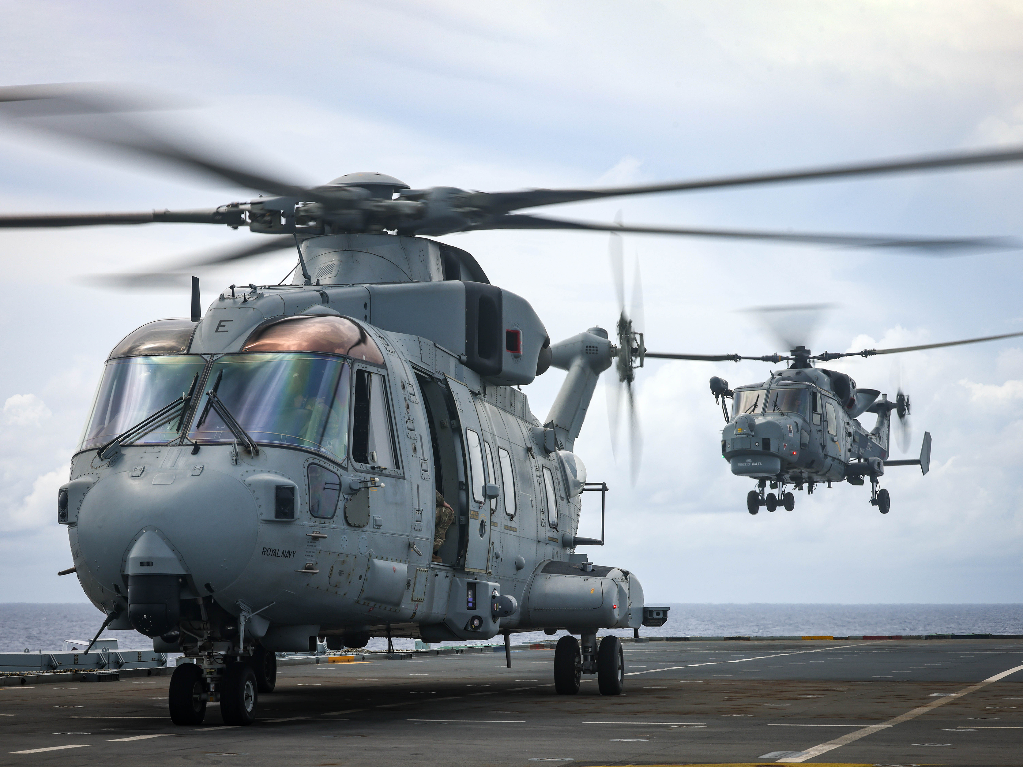 Royal Navy Merlin and Wildcat Helicopters From HMS Prince of Wales Air ...