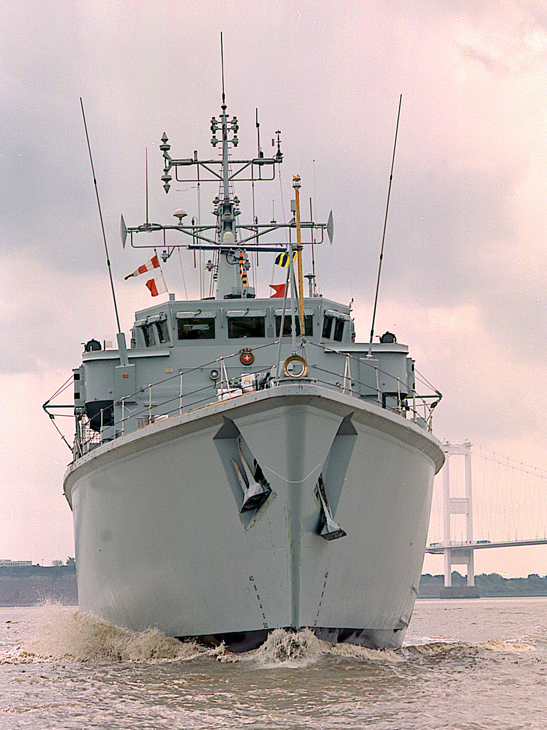 HMS Berkeley (M40) Royal Navy Hunt Class Mine Warfare Vessel Bow View ...